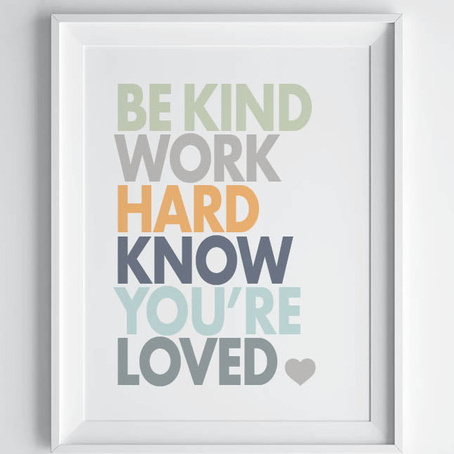 Be Kind Work Hard Know You're Loved Boy Inspirational Wall Print ...